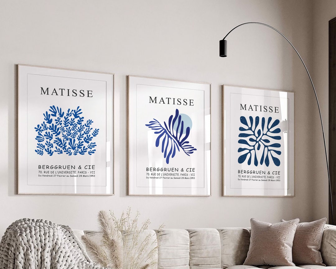 Navy Blue Matisse Print Set of 3 Art, Modern Abstract Set, Dark Blue Wall Art, Poster Set Blue ...