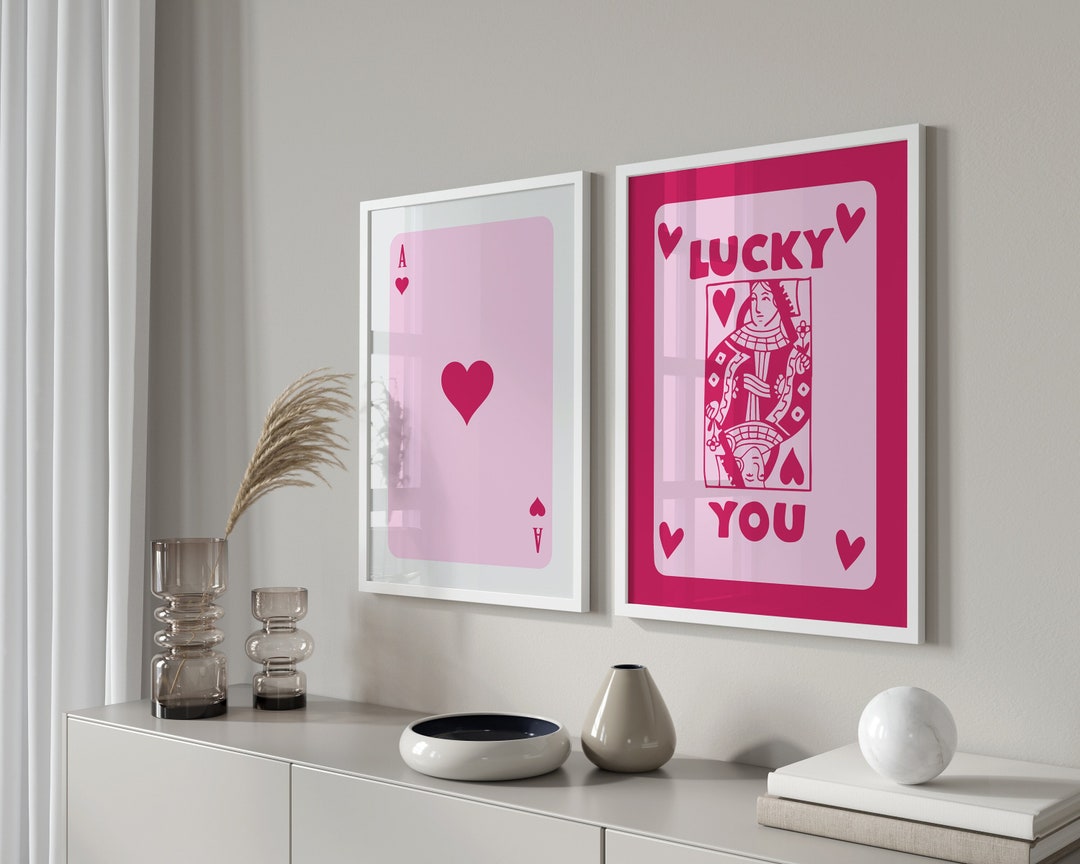 Queen of Hearts Playing Card Funky Wall Art, Pink and off White Tiki ...