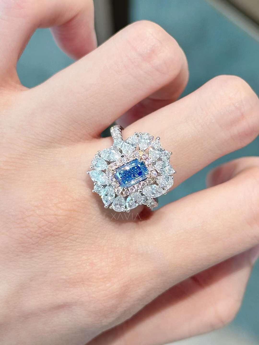 Blue Radiant Cut Lab Grown Diamond Ring: Floral Halo Engagement Ring - Etsy