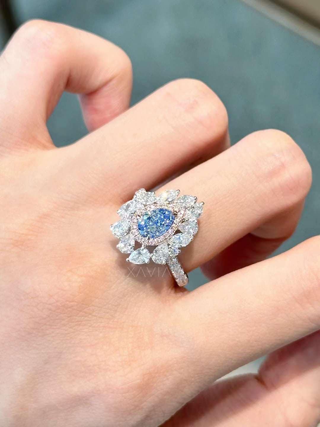 Cocktail Blue Pear Diamond Ring, Engagement Ring, Wedding Ring, Lab ...