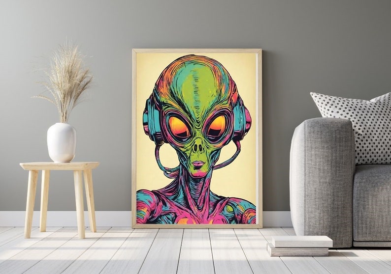 Celestial Poster: Retro Alien Wall Art, Vintage Sci Fi Portrait ...