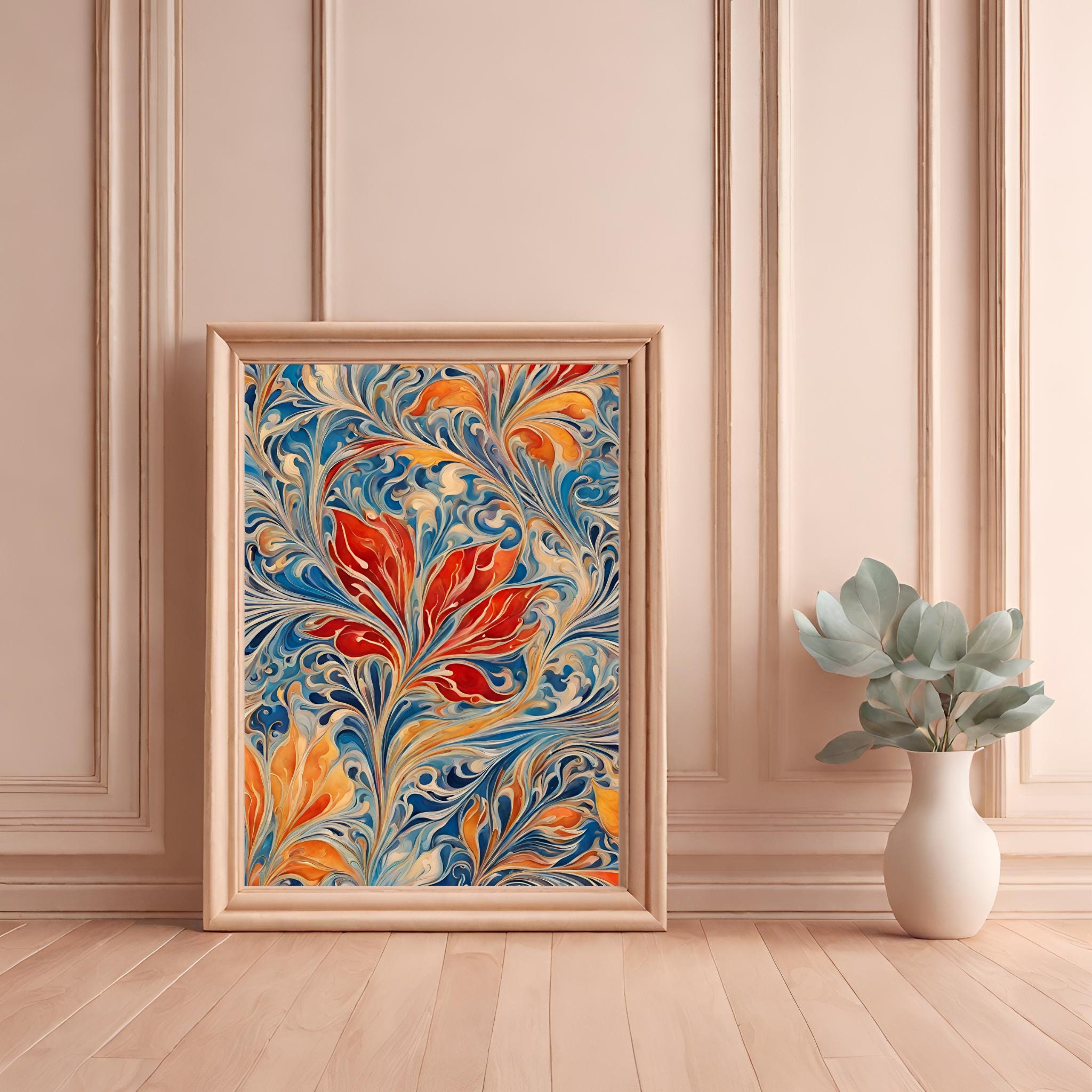 Red Floral Ebru Art Print / Printable Pastel Marbling Wall Art / Fluid ...