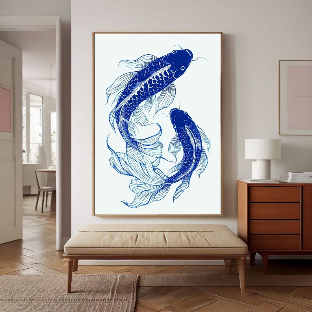 Blue Koi Fish Print Japanese Poster Watercolor Printable Wall Hanging ...