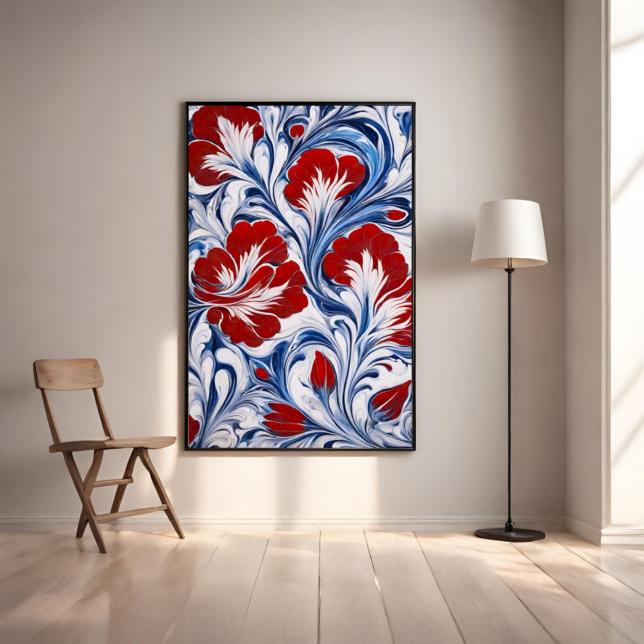 Red Poppy Ebru Art Print / Printable Pastel Marbling Wall Art / Fluid ...