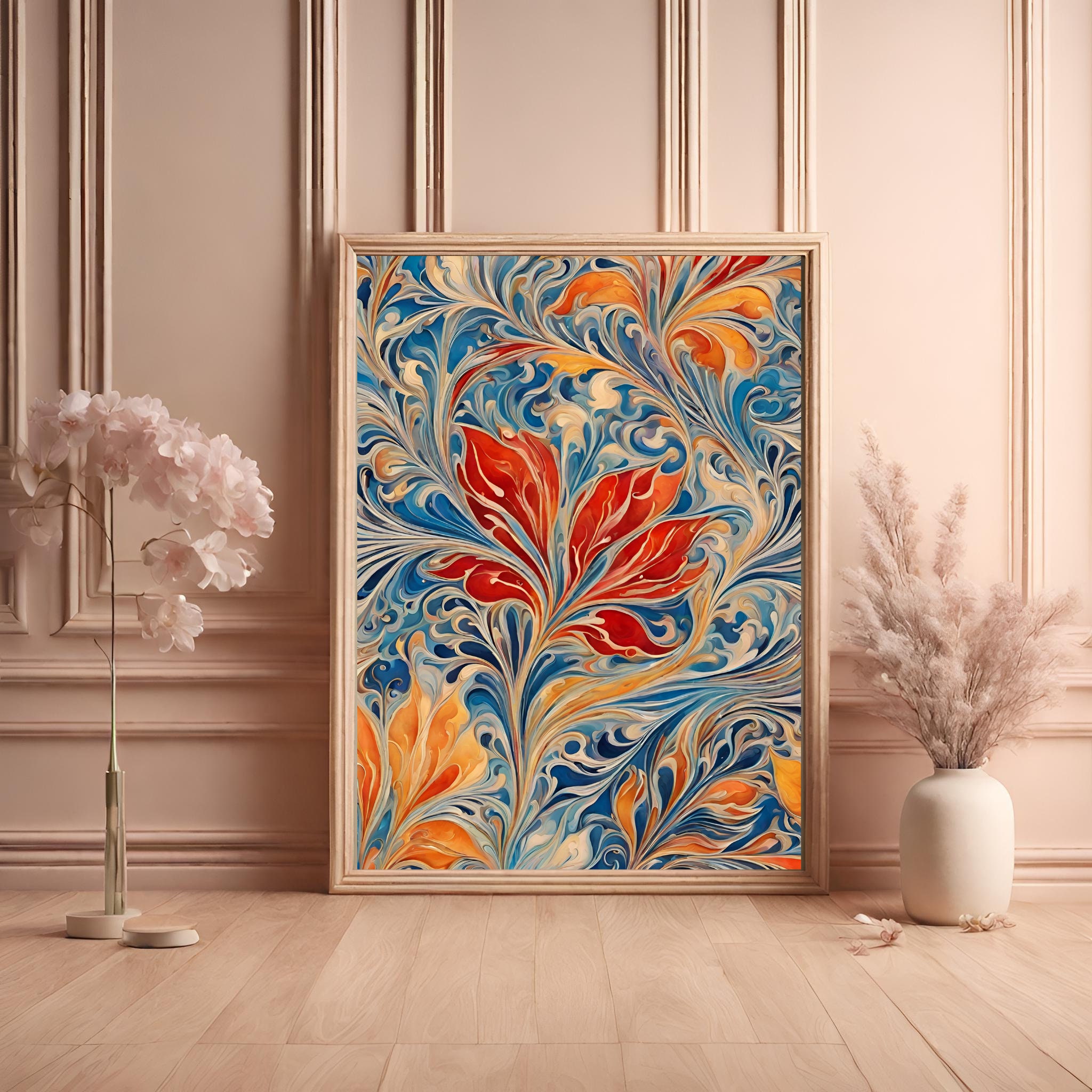 Red Floral Ebru Art Print / Printable Pastel Marbling Wall Art / Fluid ...