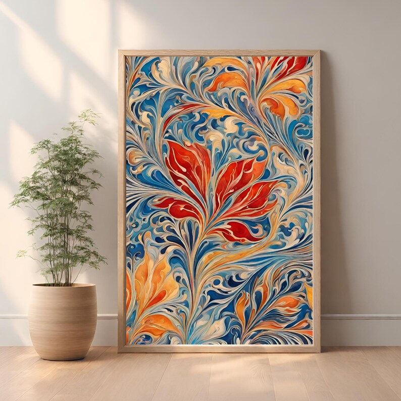 Red Floral Ebru Art Print / Printable Pastel Marbling Wall Art / Fluid ...