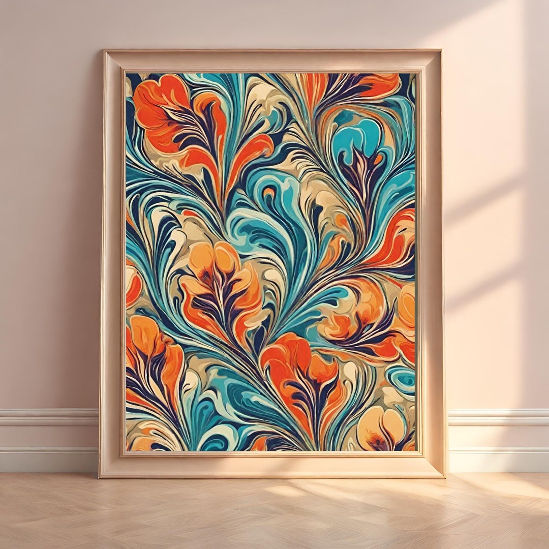 Ebru Art Print Retro Coloured / Printable Marbling Wall Art / Fluid ...