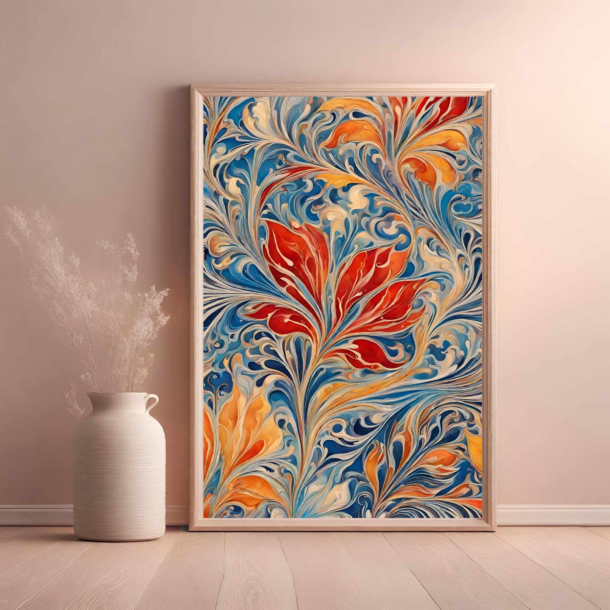 Red Floral Ebru Art Print / Printable Pastel Marbling Wall Art / Fluid ...