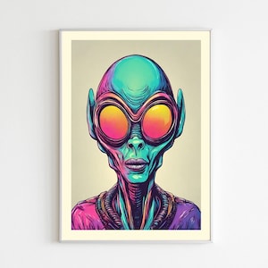 Cosmic Vibes: Retro Alien Portrait, Celestial Poster, Hallowen Wall Art ...