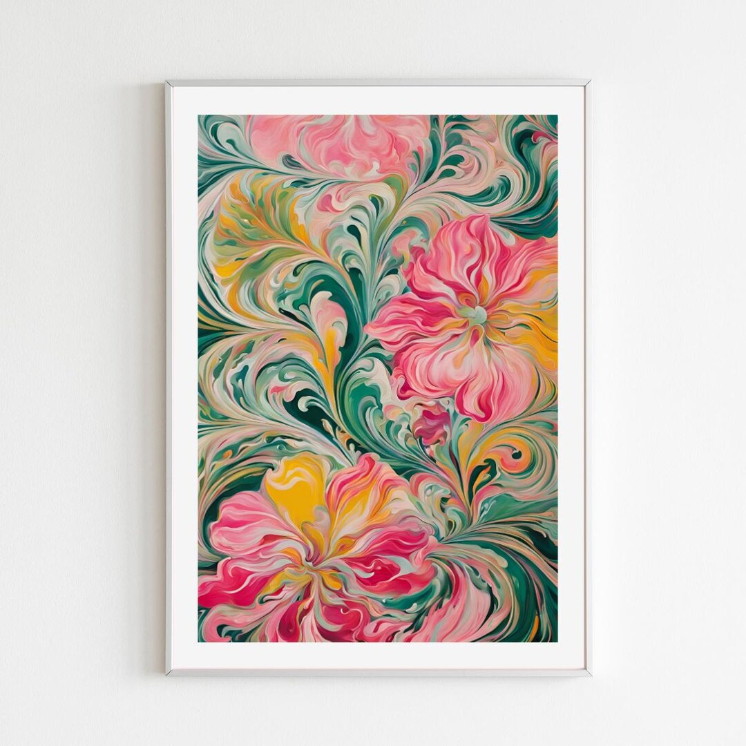 Turkish Ebru Art Print / Printable Marbling Wall Art / Red Floral ...