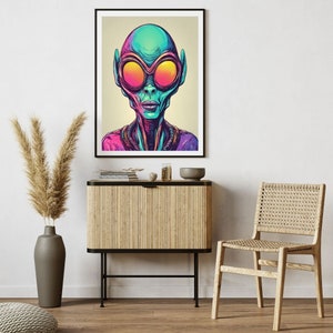 Cosmic Vibes: Retro Alien Portrait, Celestial Poster, Galactic Wall Art ...