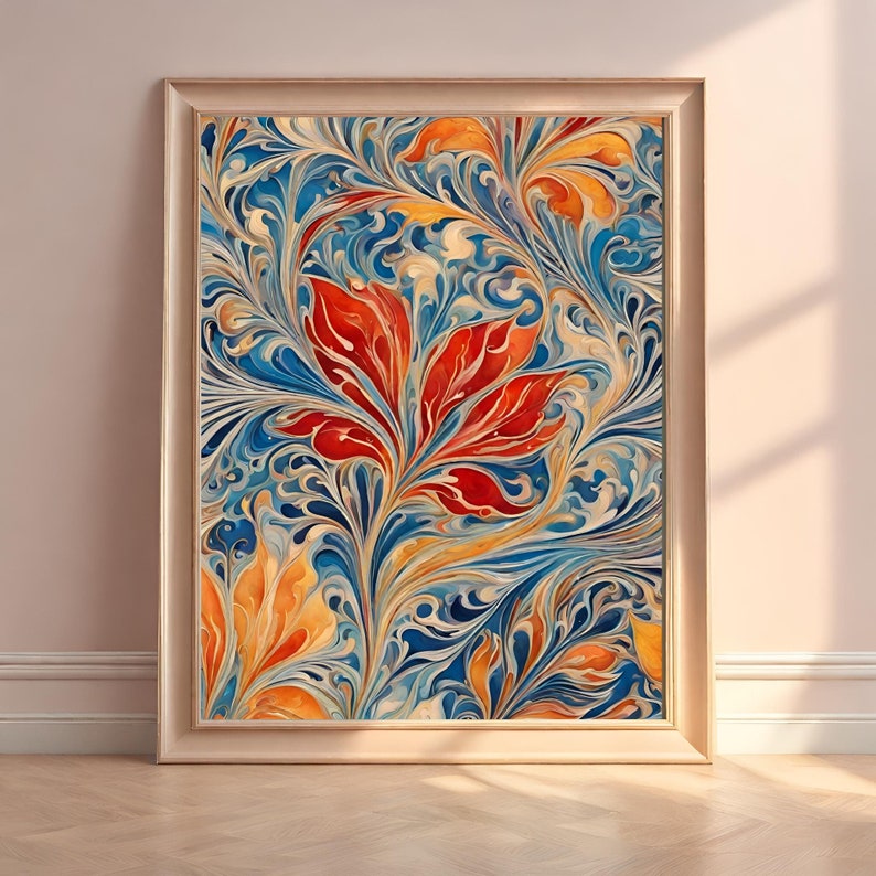 Red Floral Ebru Art Print / Printable Pastel Marbling Wall Art / Fluid ...