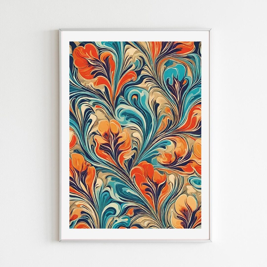 Ebru Art Print Retro Coloured / Printable Marbling Wall Art / Fluid ...