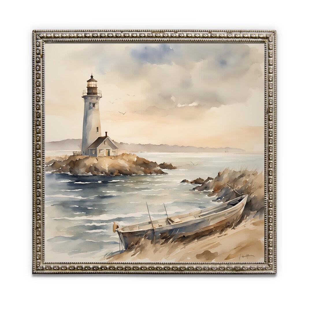 Watercolour Lighthouse Printable Wall Art, Square Print, Beige Decor ...