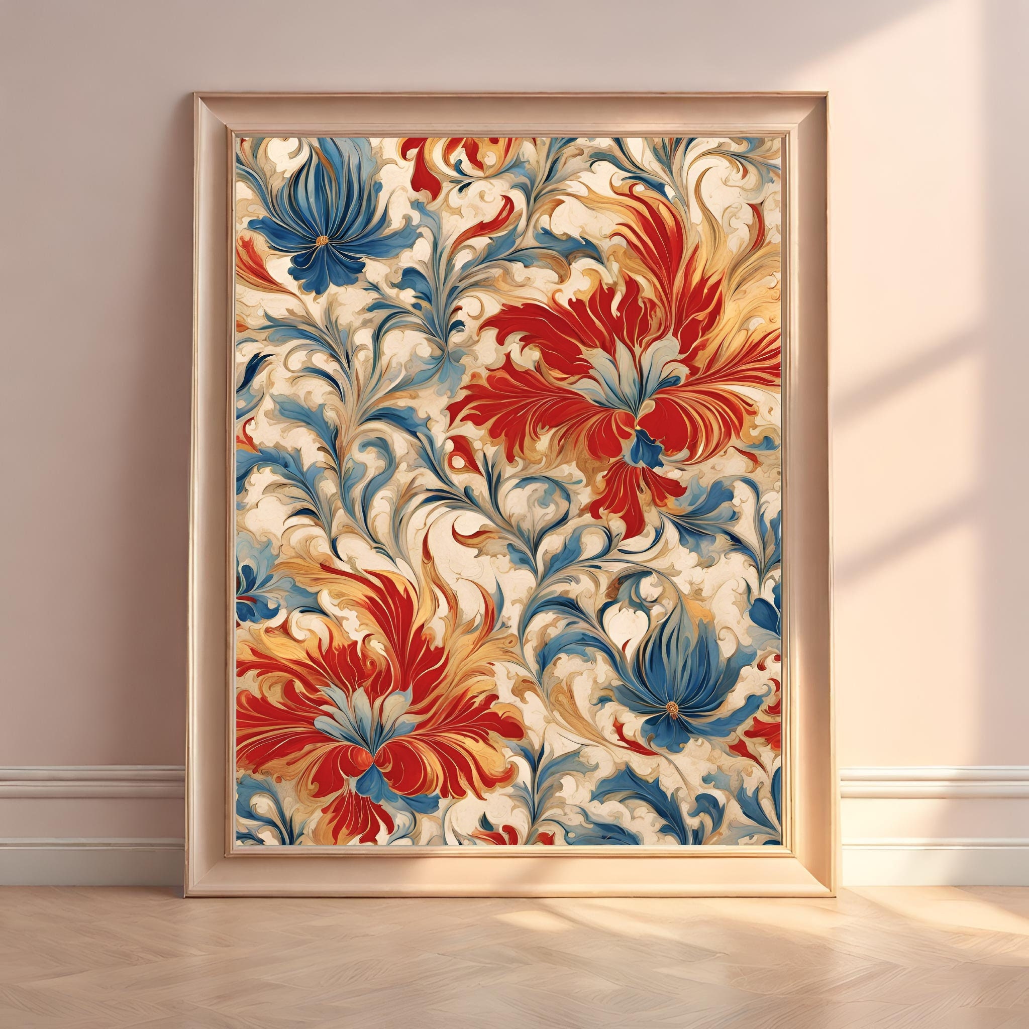Red Turkish Ebru Art Print / Printable Marbling Wall Art / Fluid Home ...