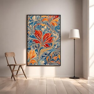 Red Floral Ebru Art Print / Printable Pastel Marbling Wall Art / Fluid ...