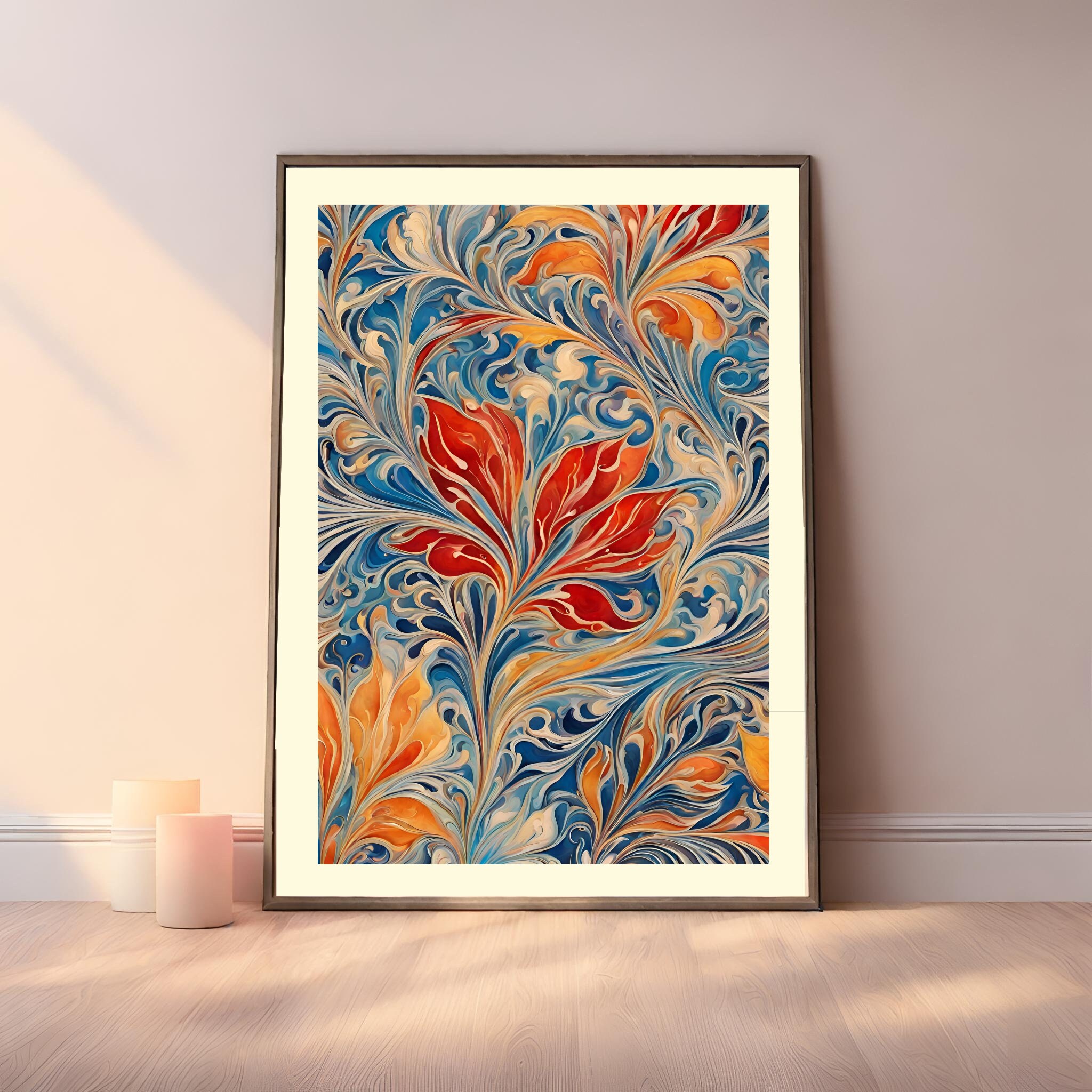 Red Floral Ebru Art Print / Printable Pastel Marbling Wall Art / Fluid ...