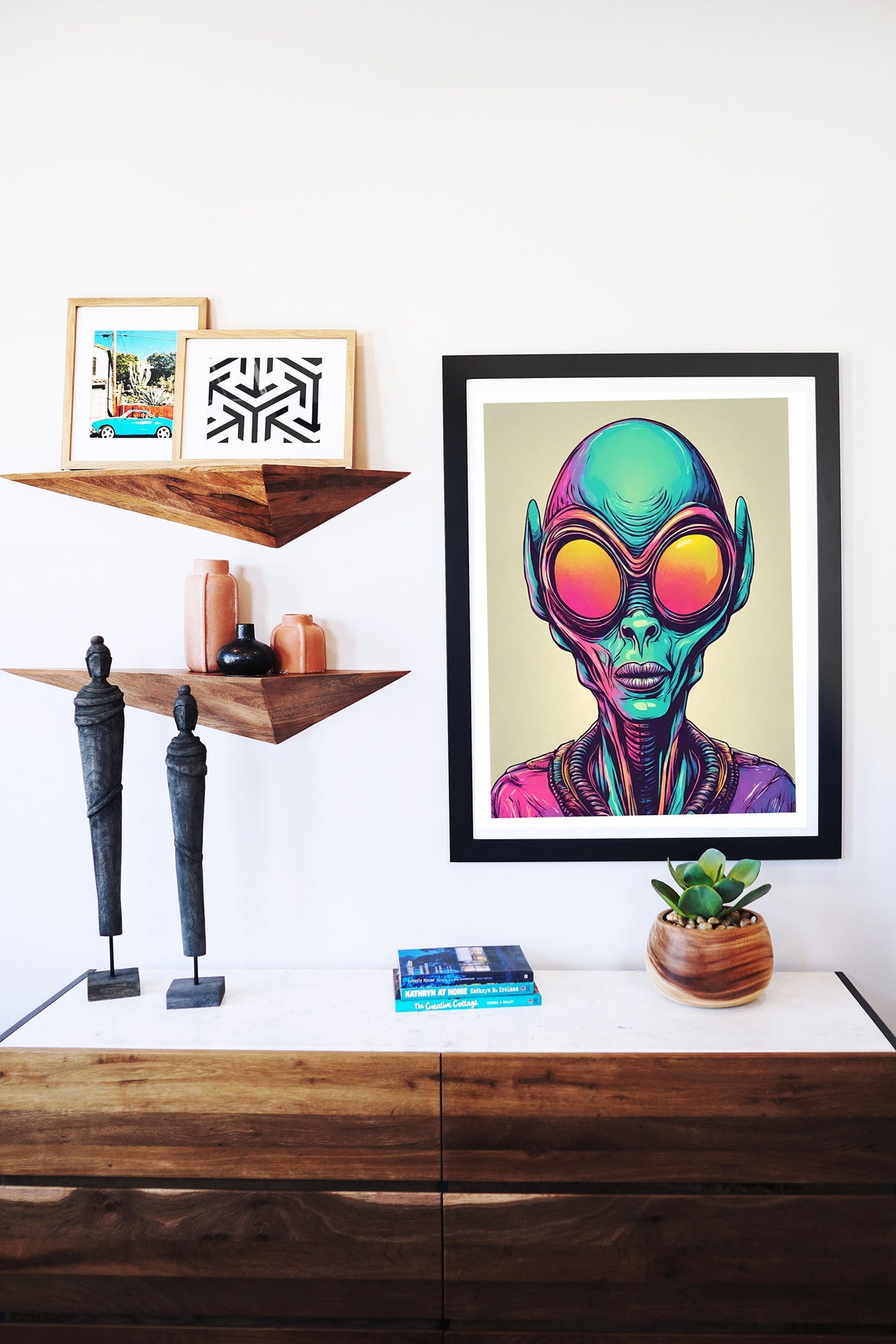 Cosmic Vibes: Retro Alien Portrait, Celestial Poster, Galactic Wall Art ...