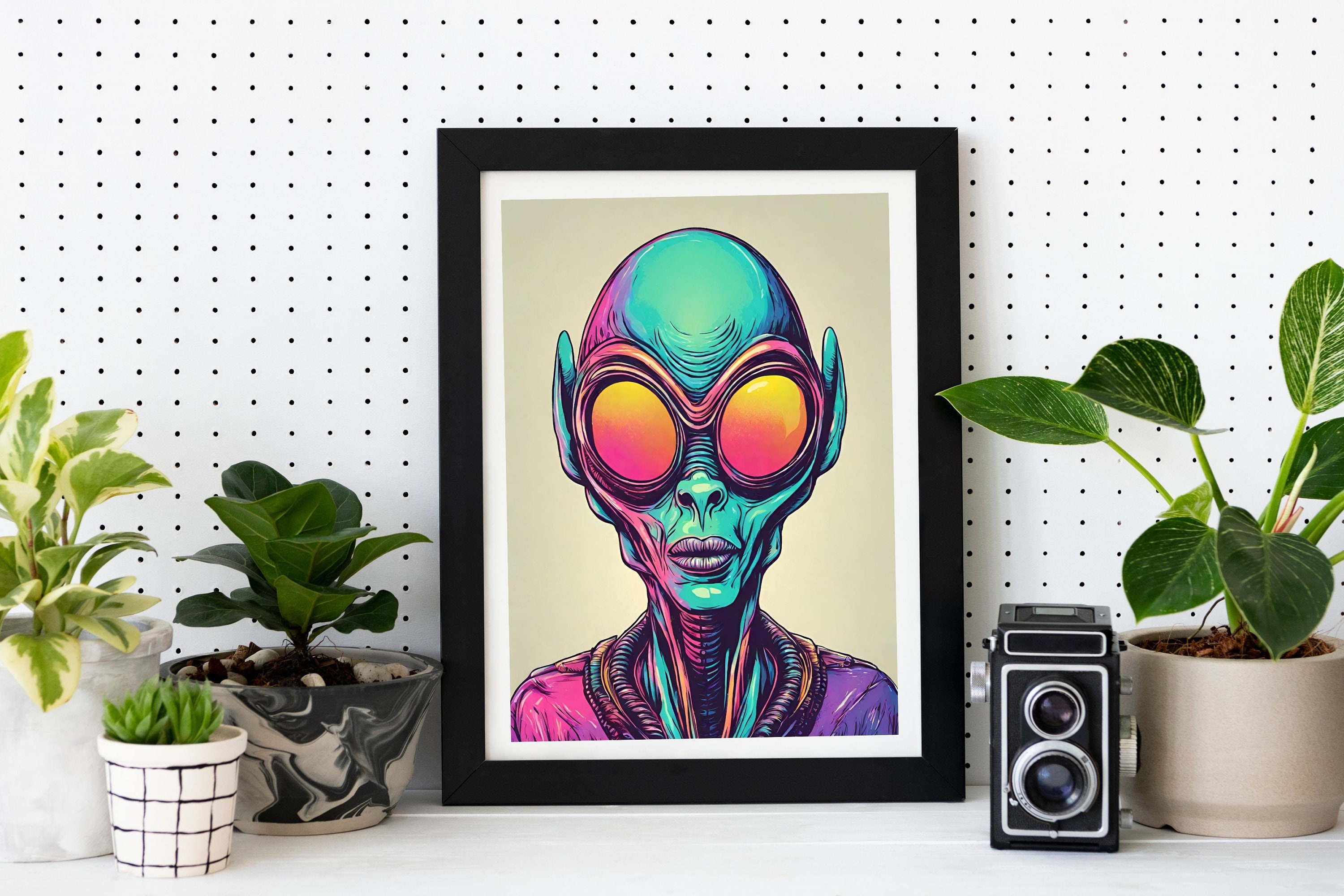 Cosmic Vibes: Retro Alien Portrait, Celestial Poster, Galactic Wall Art ...