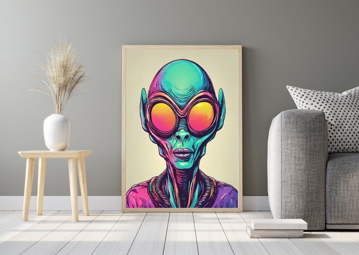 Cosmic Vibes: Retro Alien Portrait, Celestial Poster, Galactic Wall Art ...