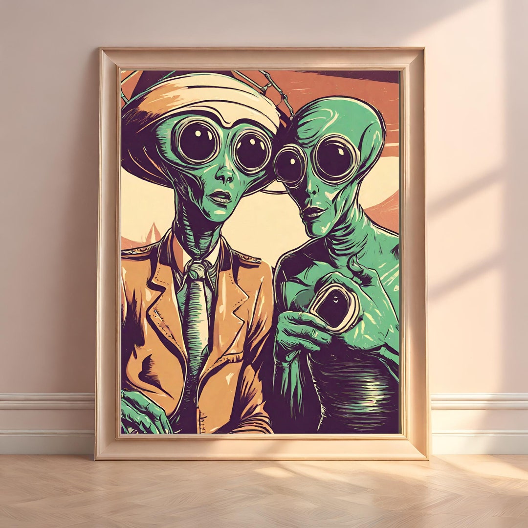 Green Alien in Orange Suit Poster, Galactic Selfie Portrait, Retro Art ...