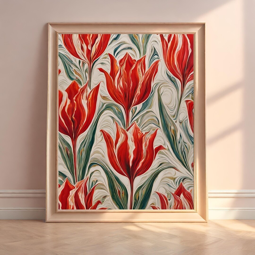 Turkish Ebru Art Print / Printable Marbling Wall Art / Red Tulip ...