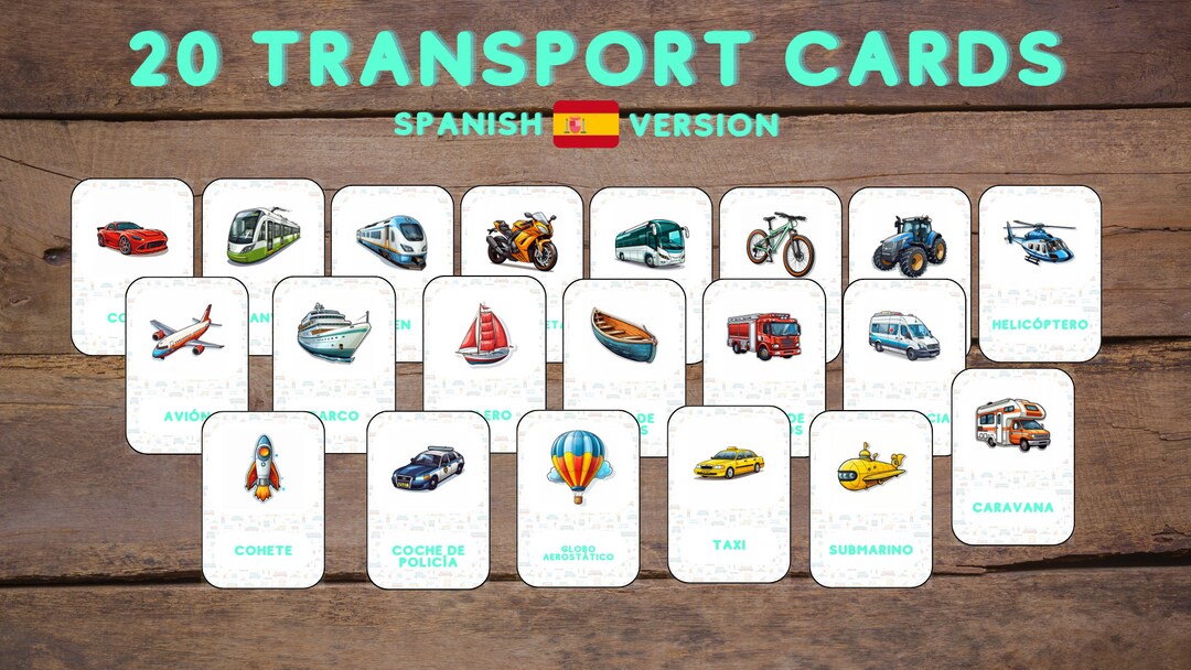20 Spanish Vehicles Cards, Montessori Cards, Nomenclature Flash Cards ...