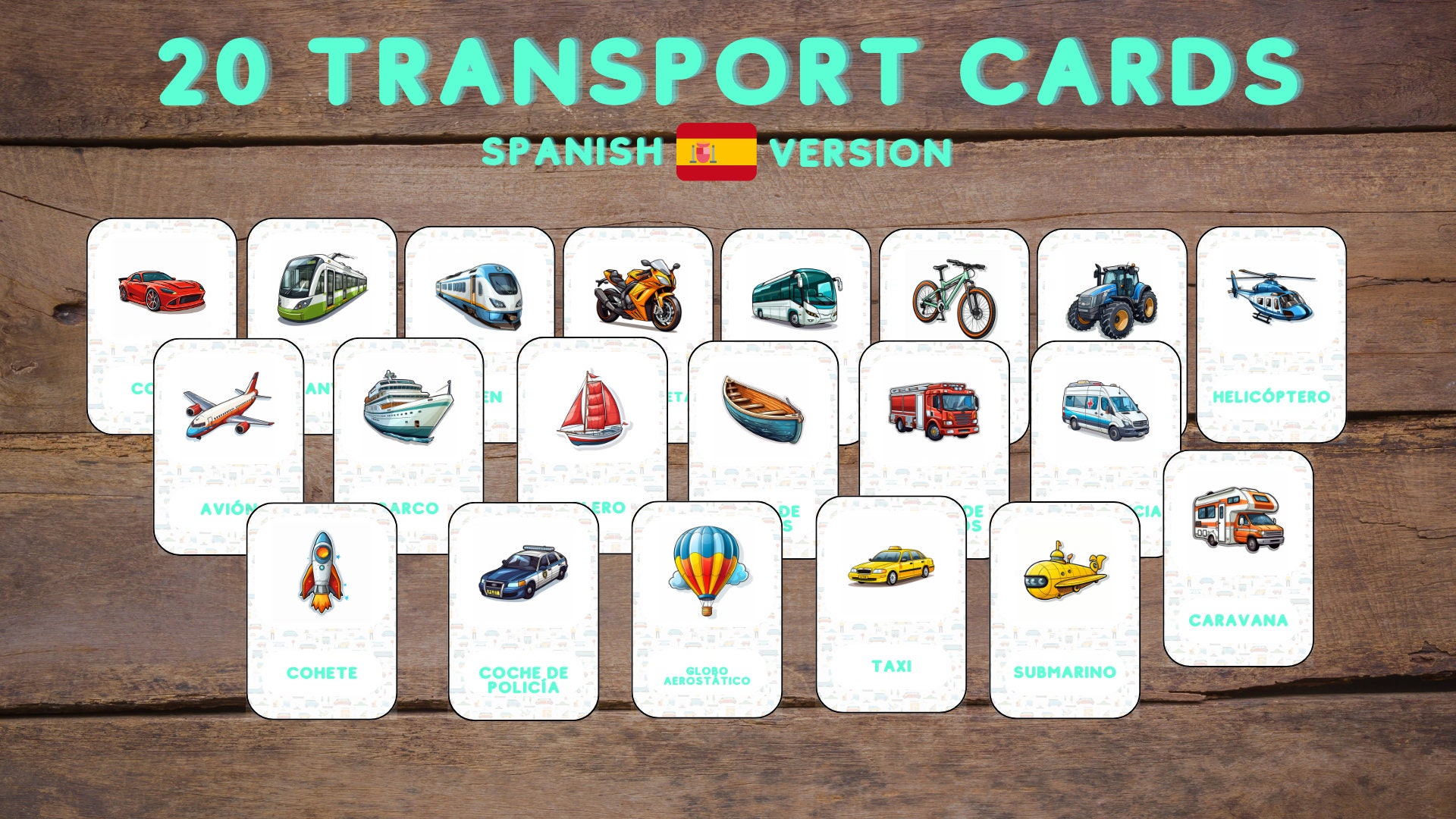 20 Spanish Vehicles Cards, Montessori Cards, Nomenclature Flash Cards ...