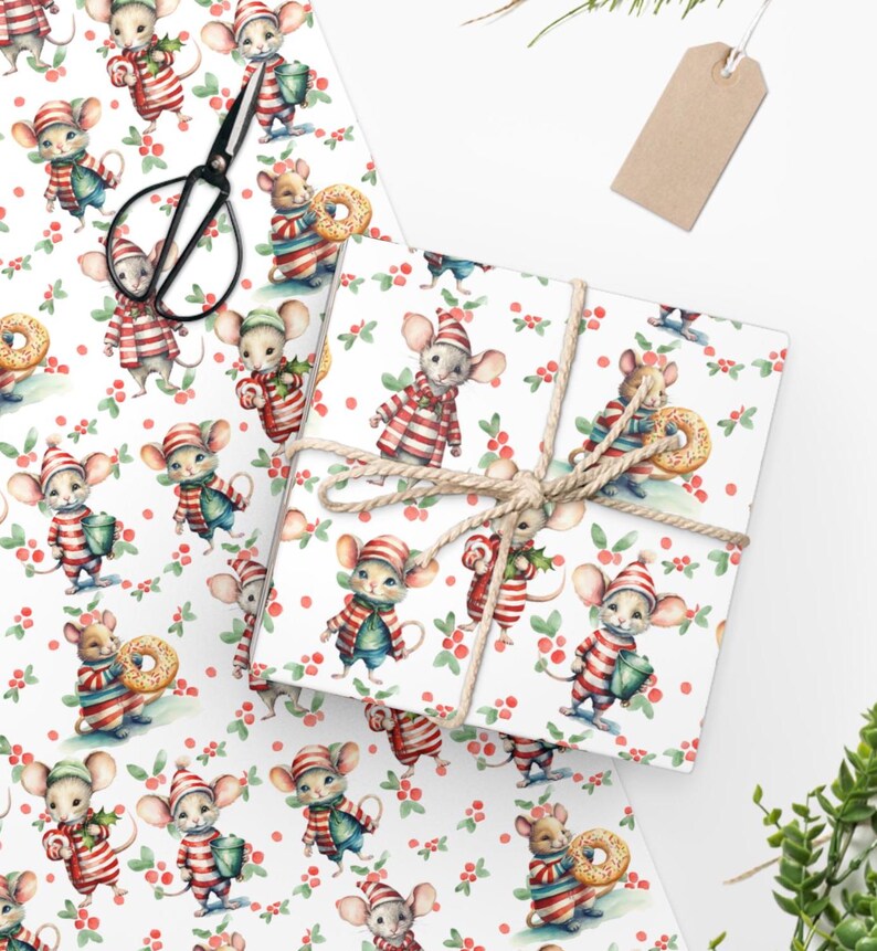 Christmas Mouse Wrapping Paper Adorable Mice Dressed in Candy Cane ...