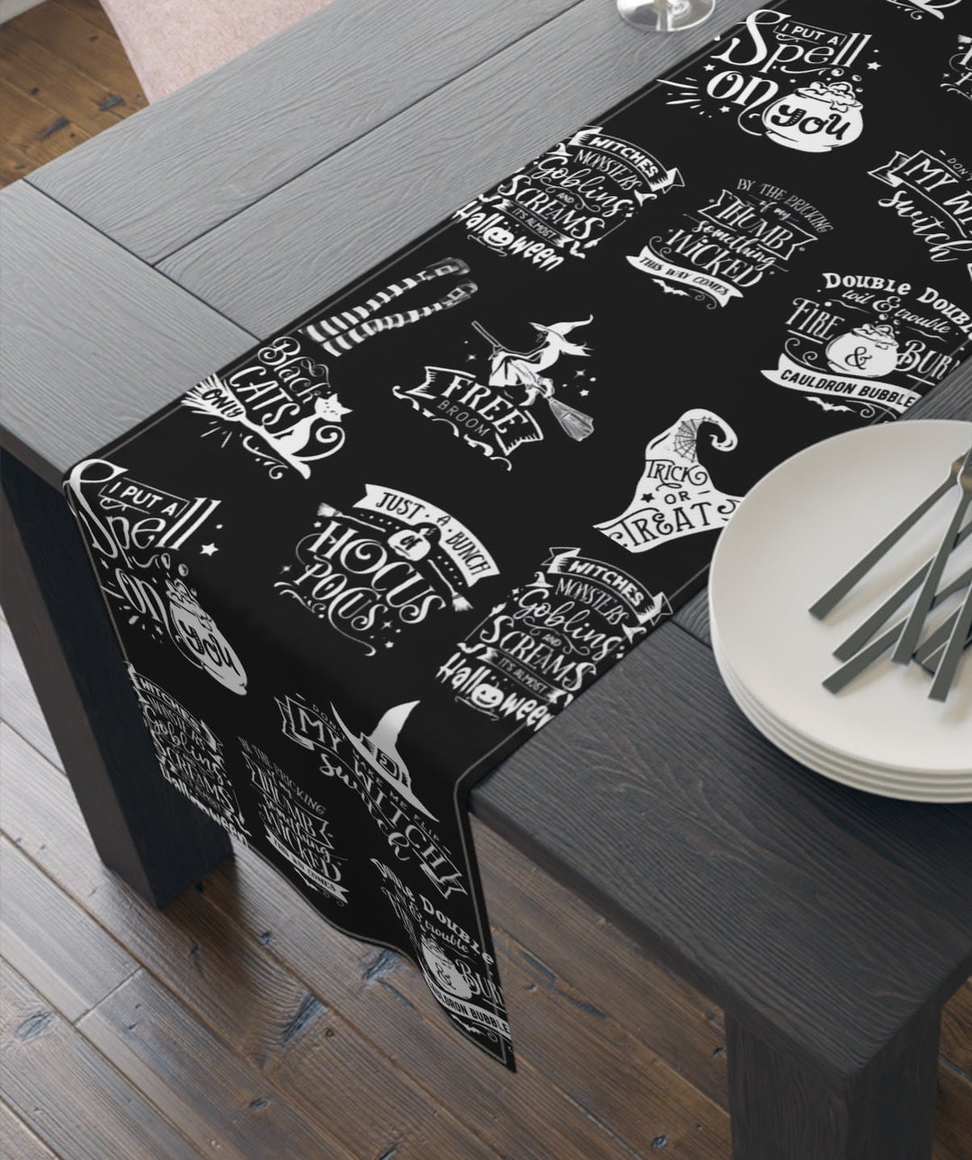Witch Halloween Table Runner Featuring a Collage Witch Puns and Sayings ...