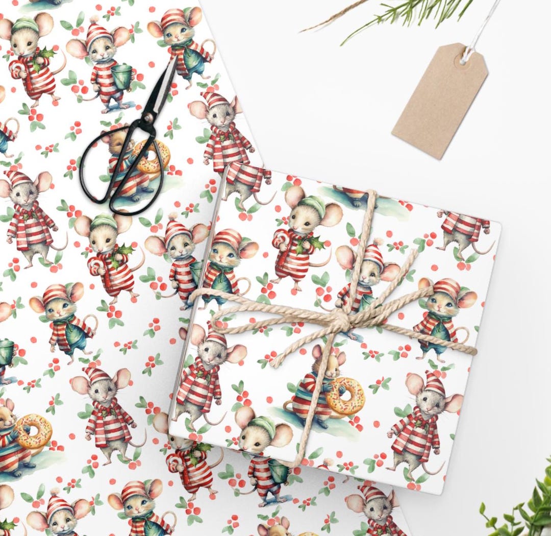 Christmas Mouse Wrapping Paper- Adorable Mice Dressed in Candy Cane ...