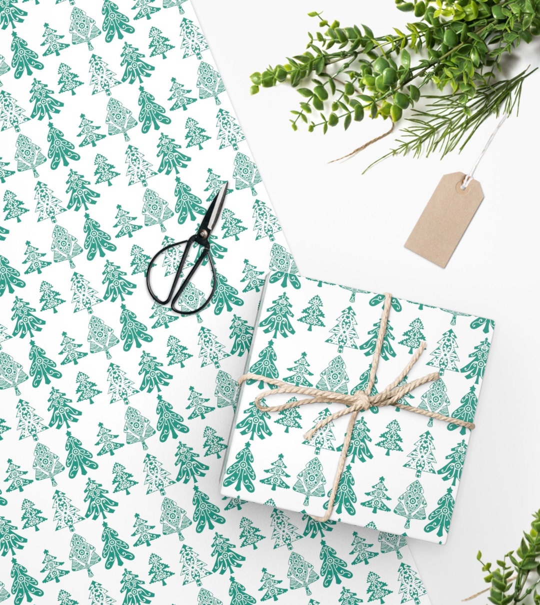 Holiday Wrapping Paper, Teal Christmas Tree Gift Wrap, Pretty Wrapping ...