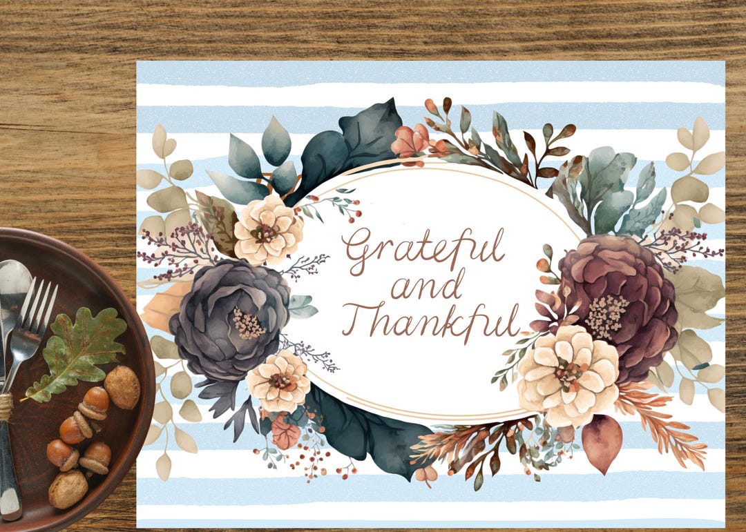 Thanksgiving Placemat Pale Blue and White Stripes With Fall Floral ...