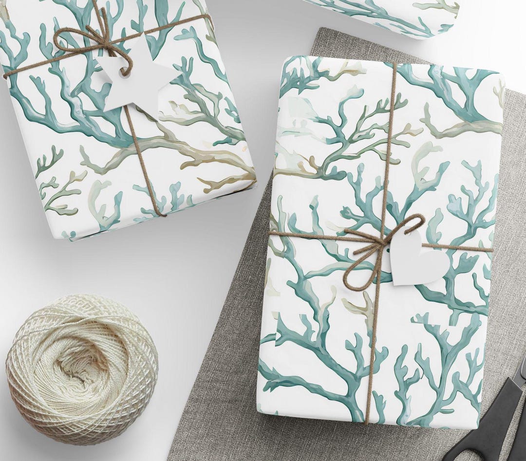 Coastal Wrapping Paper, Beach Wedding Gift Wrap, Aqua and Coral Gift ...