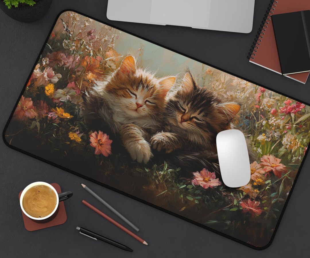 Cute Cat Desk Mat, XL Gaming Deskpad, Catful Mom Gift, Kitten Floral ...