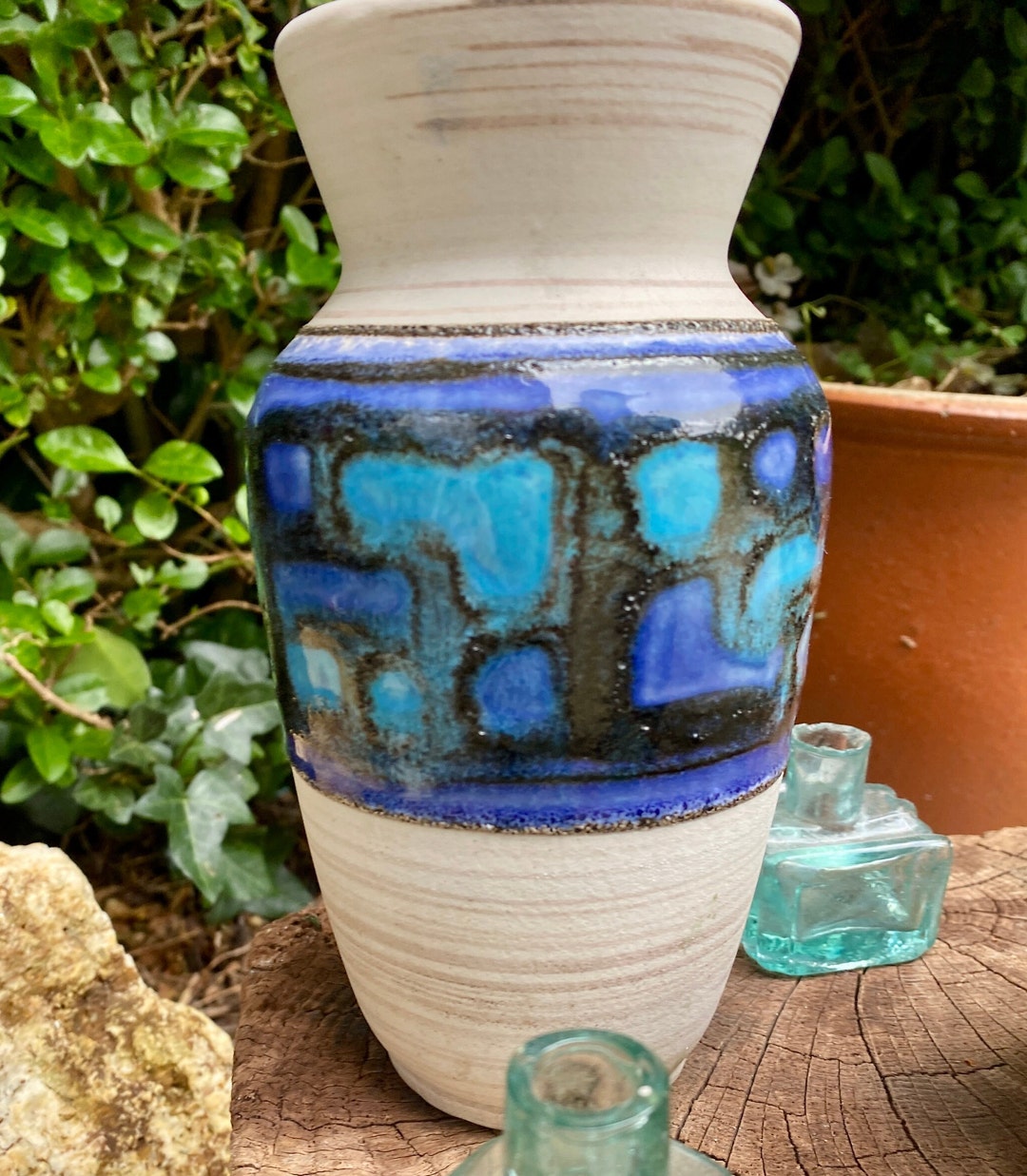 Vintage Austrian Pottery Vase With Vibrant Blue and Turquoise Central ...