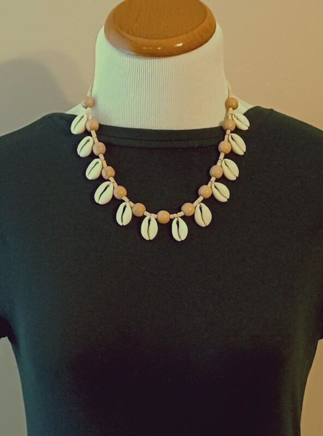 Beachy Natural Shell & Wood Handmade Choker Necklace, Wood Beads and ...