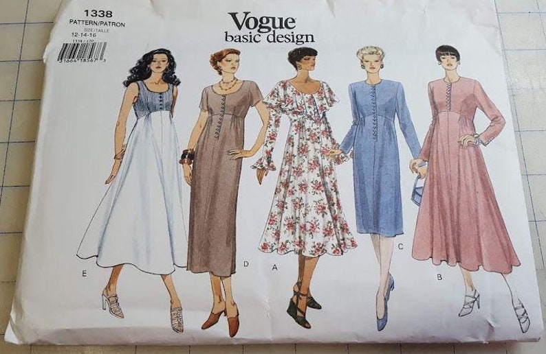 Vintage Vogue Pattern 1338 Long Sleeved Empire Waist Dress Size 12-14 ...