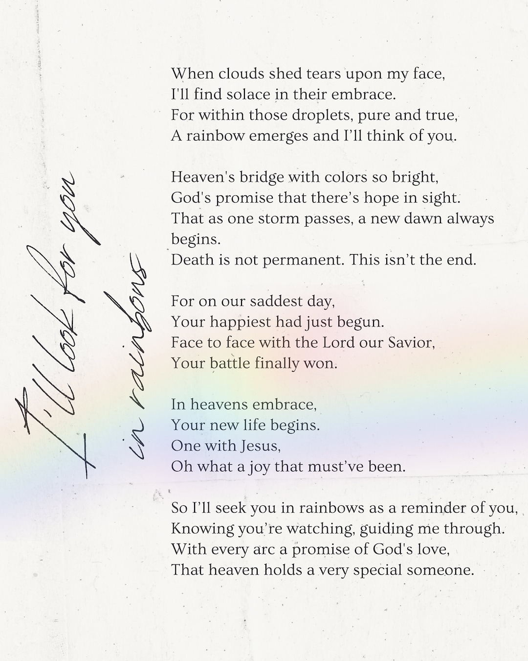 I'll Look for You in Rainbows Printable Poem, Downloadable Funeral Poem ...