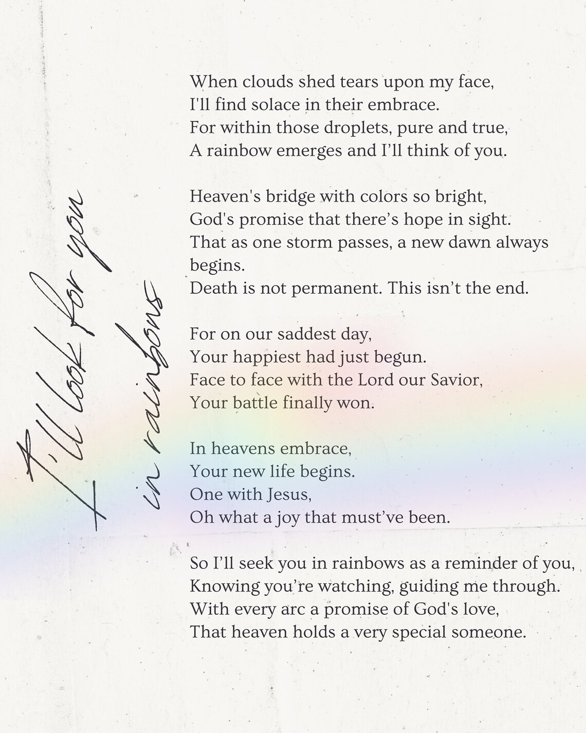 I'll Look for You in Rainbows Printable Poem, Downloadable Funeral Poem ...
