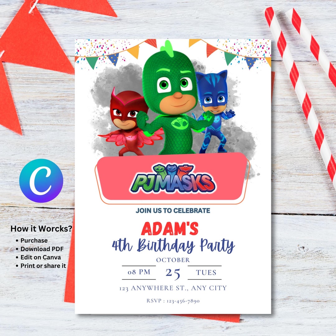 Editable PJ Masks Birthday Invitation Digital Kids Party - Etsy