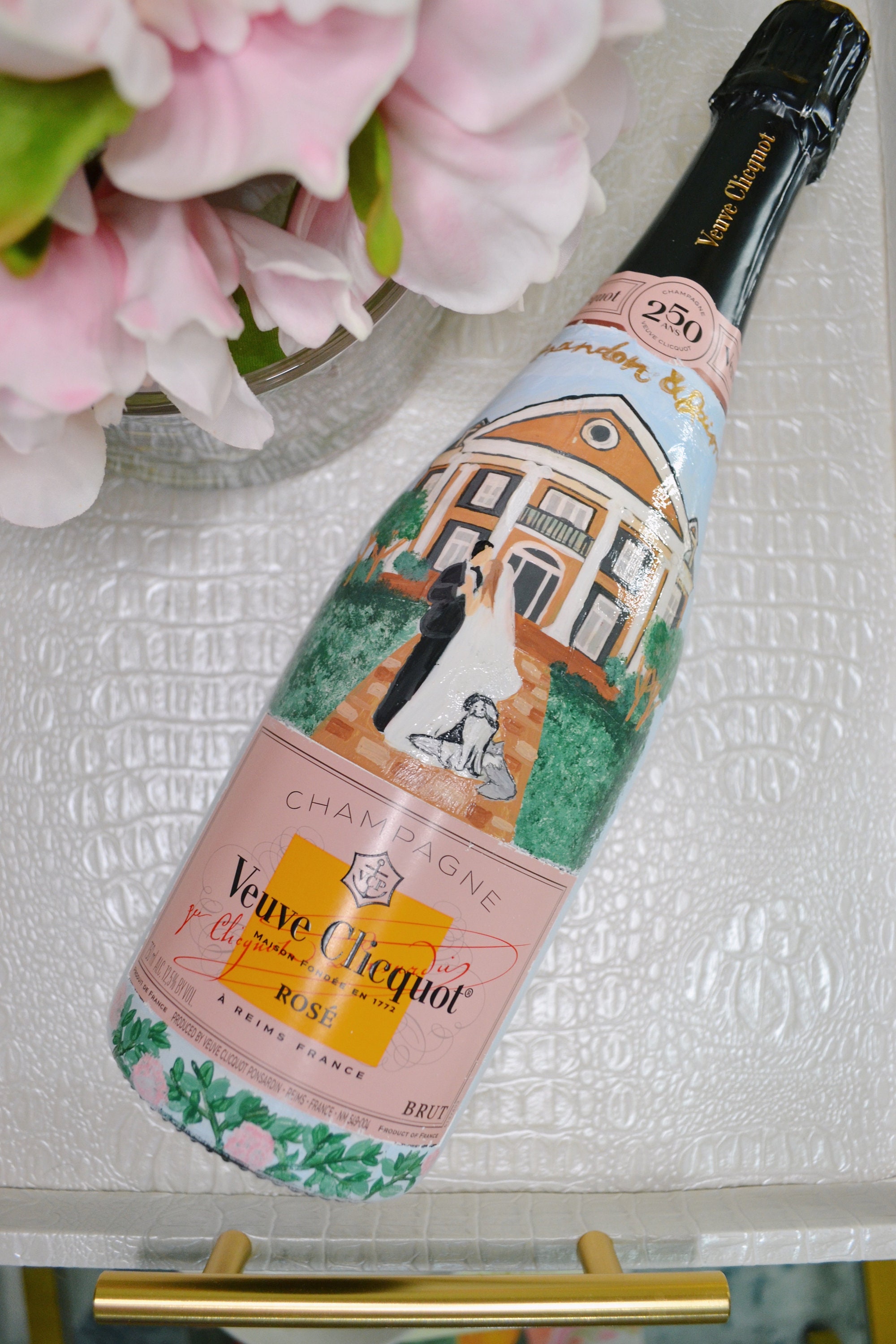 Painted Champagne Bottle Custom Hand Painted Champagne Bottle Wedding ...