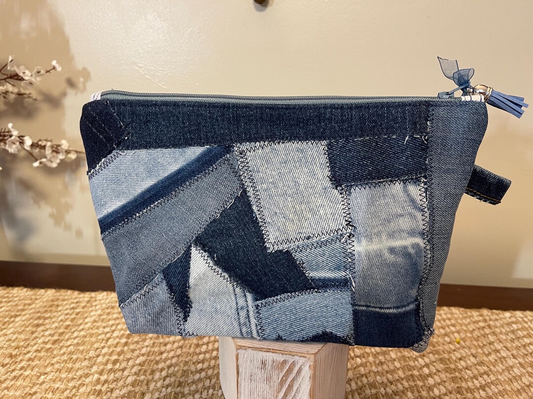 Appliqué’ Patch Scrappy Frayed Edge Repurpose Denim Zippered Bag . - Etsy
