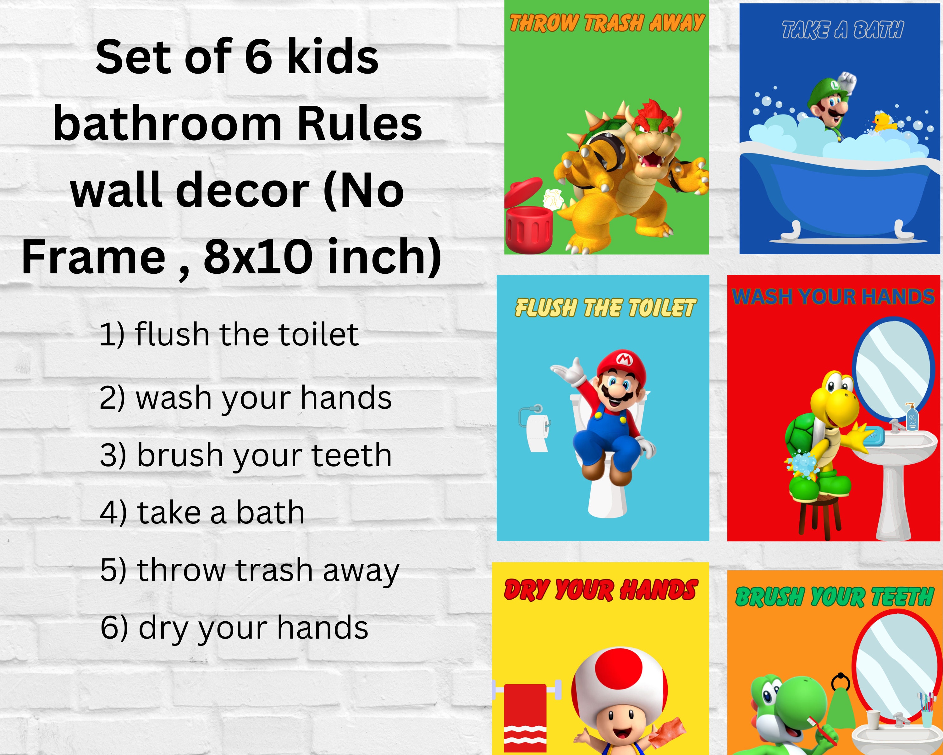 Super Mario Characters Bathroom Rules Wall Art Prints, Set of 6 8X10 ...