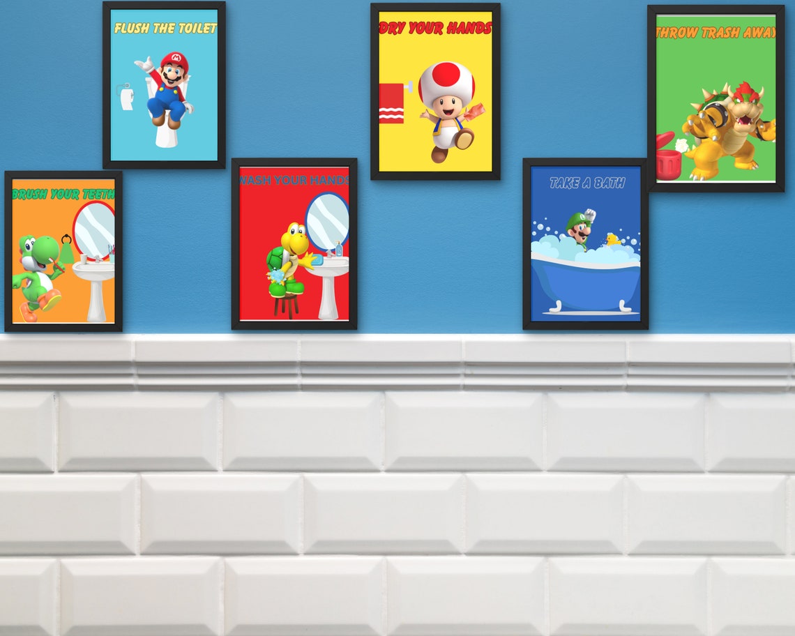 Super Mario Characters Bathroom Rules Wall Art Prints, Set of 6 8X10 ...