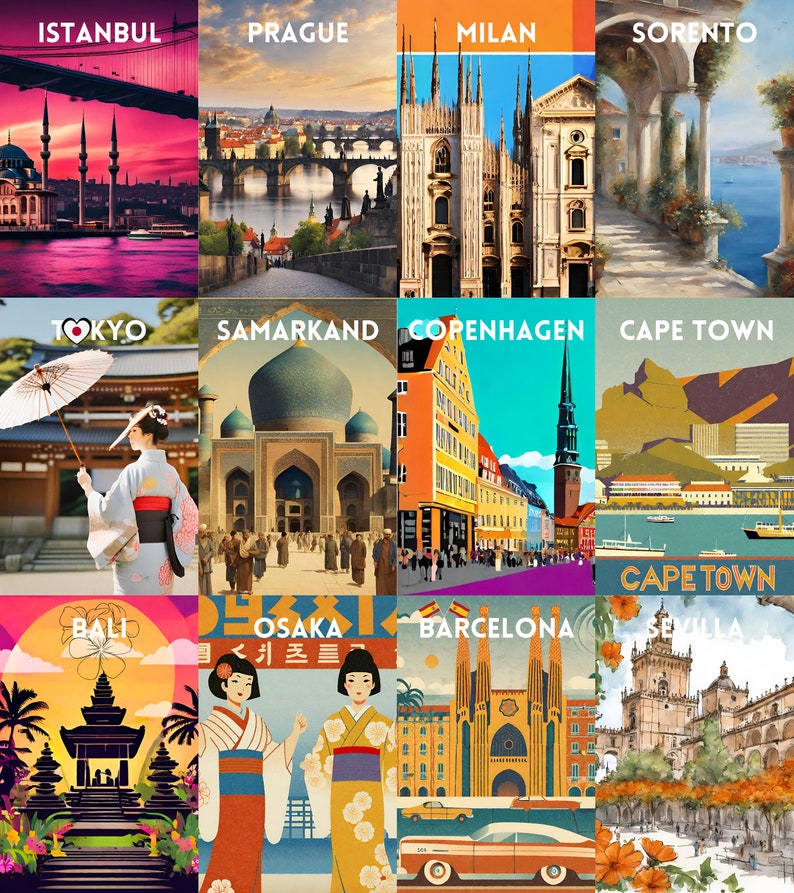 40 PCS Vintage Travel City Posters Collage Kit Retro Oldtown City ...