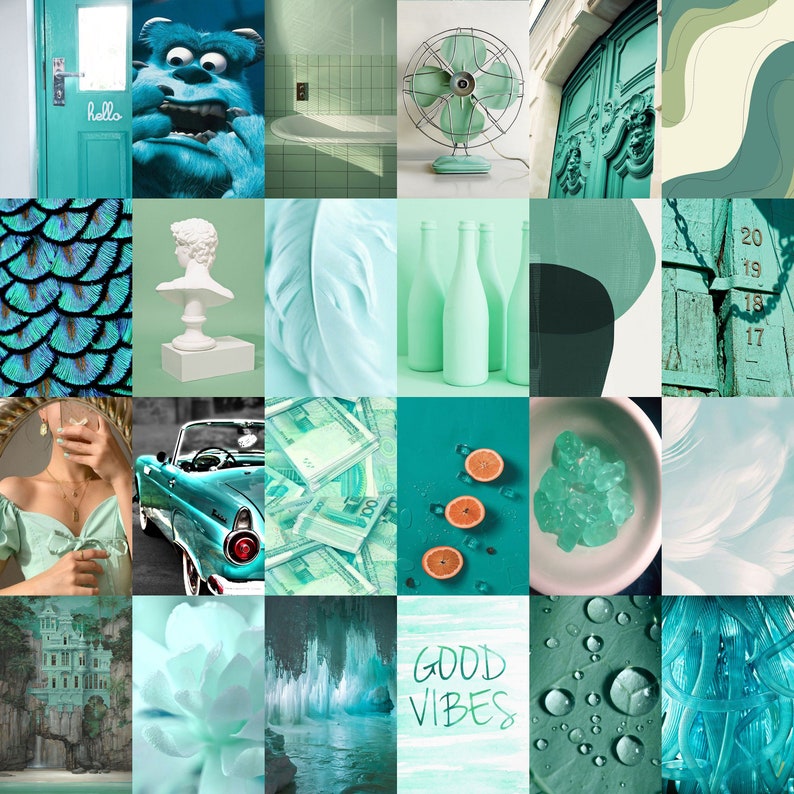 84 PCS | Aqua Aesthetic Collage Kit | Turquoise Mint Wall Art Poster ...