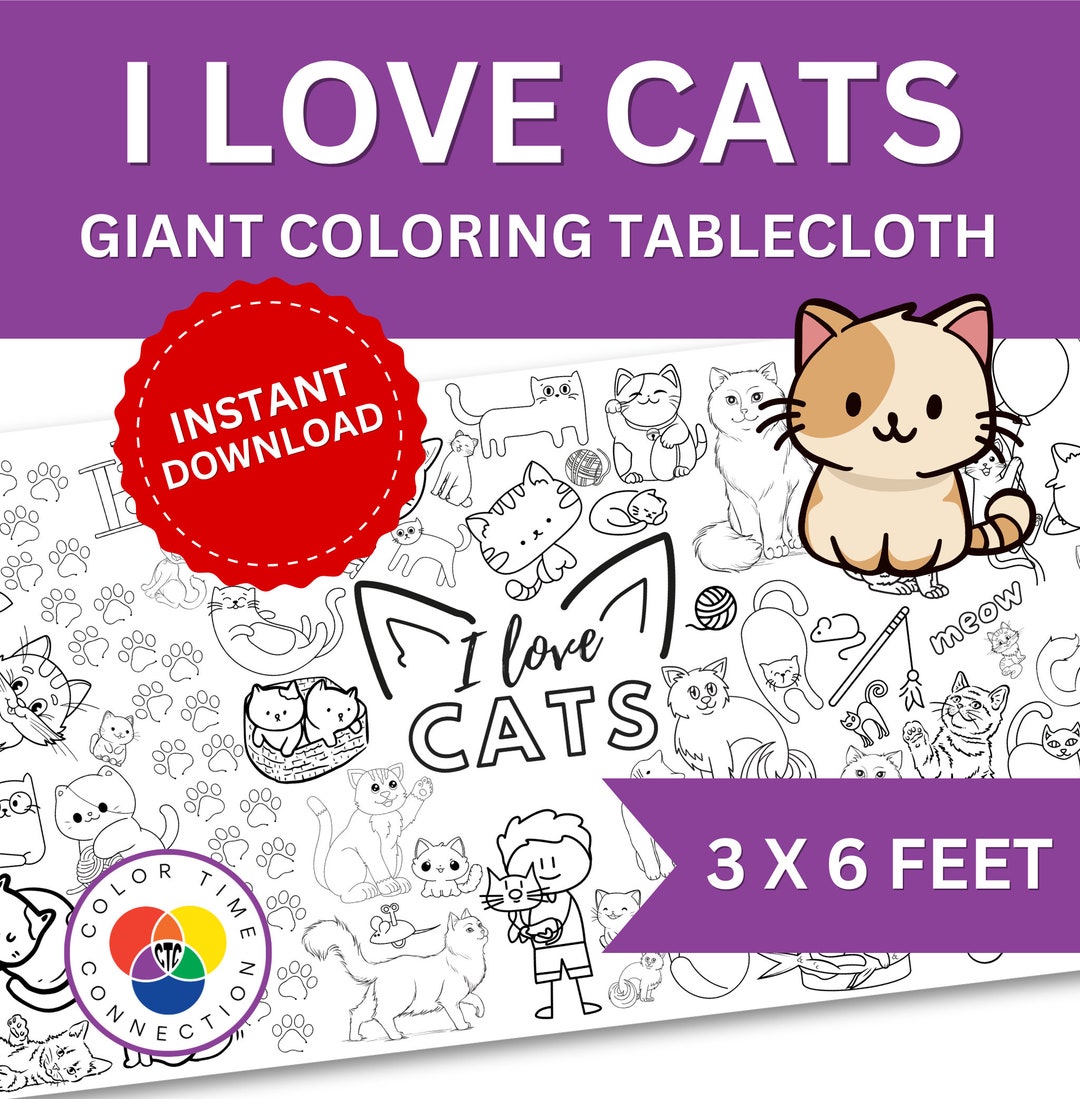 PRINTABLE HUGE I Love CATS Coloring Poster Tablecloth, Large Coloring ...