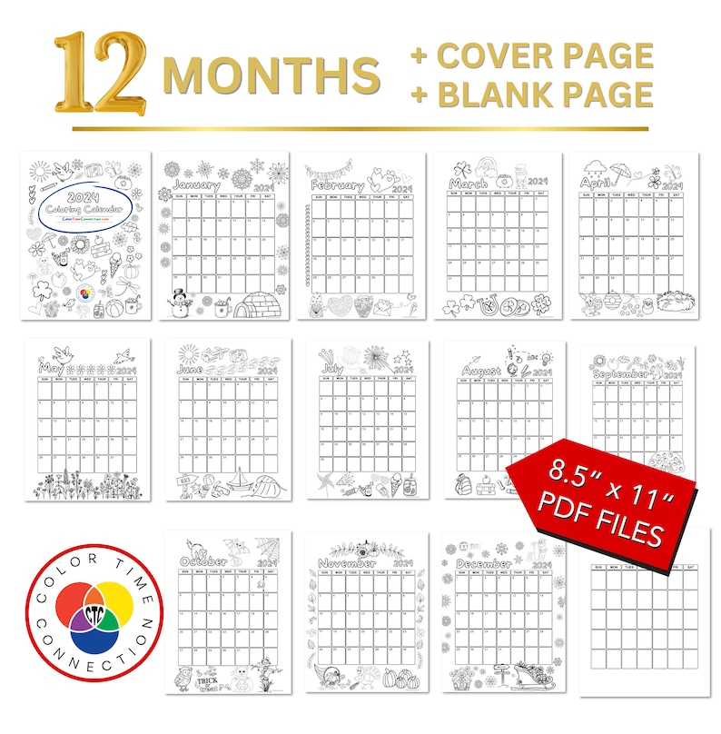 Kids 2024 COLORING CALENDAR Printable, Monthly Wall Calendar Months ...