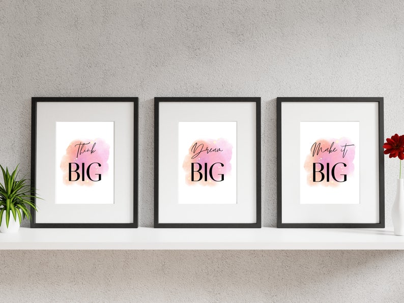 Printable big Dreams: Think, Dream, Achieve Word Quotes Wall Art Set ...